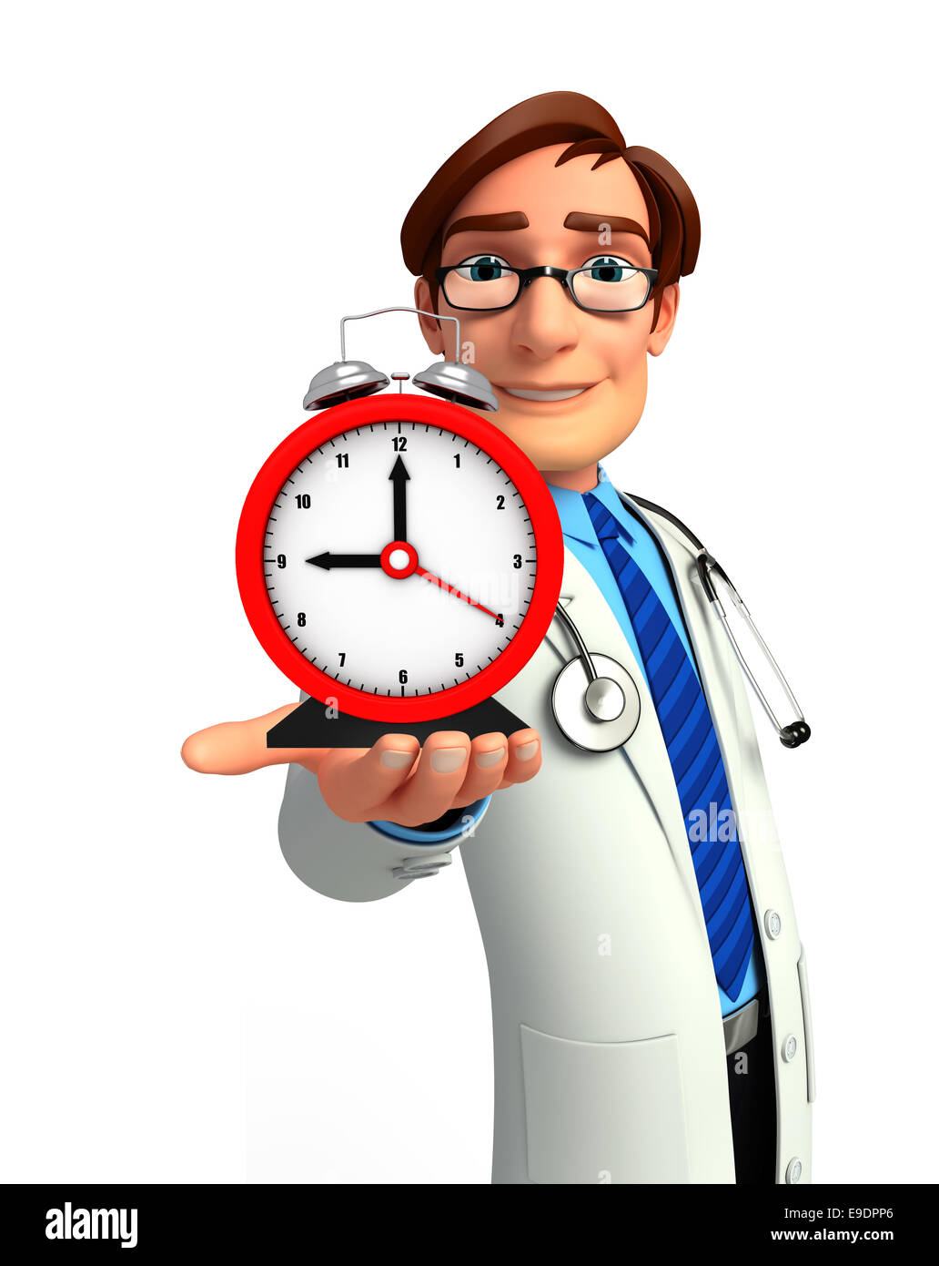 Illustration of young doctor with table clock Stock Photo - Alamy
