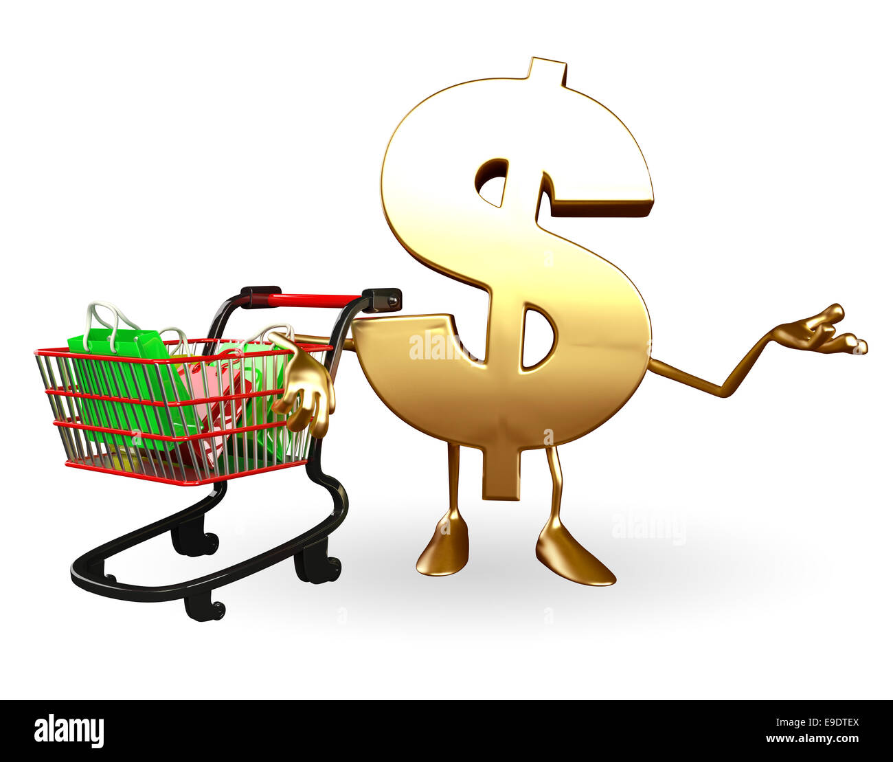 Cartoon Character of dollar with trolley and shopping bags Stock Photo ...