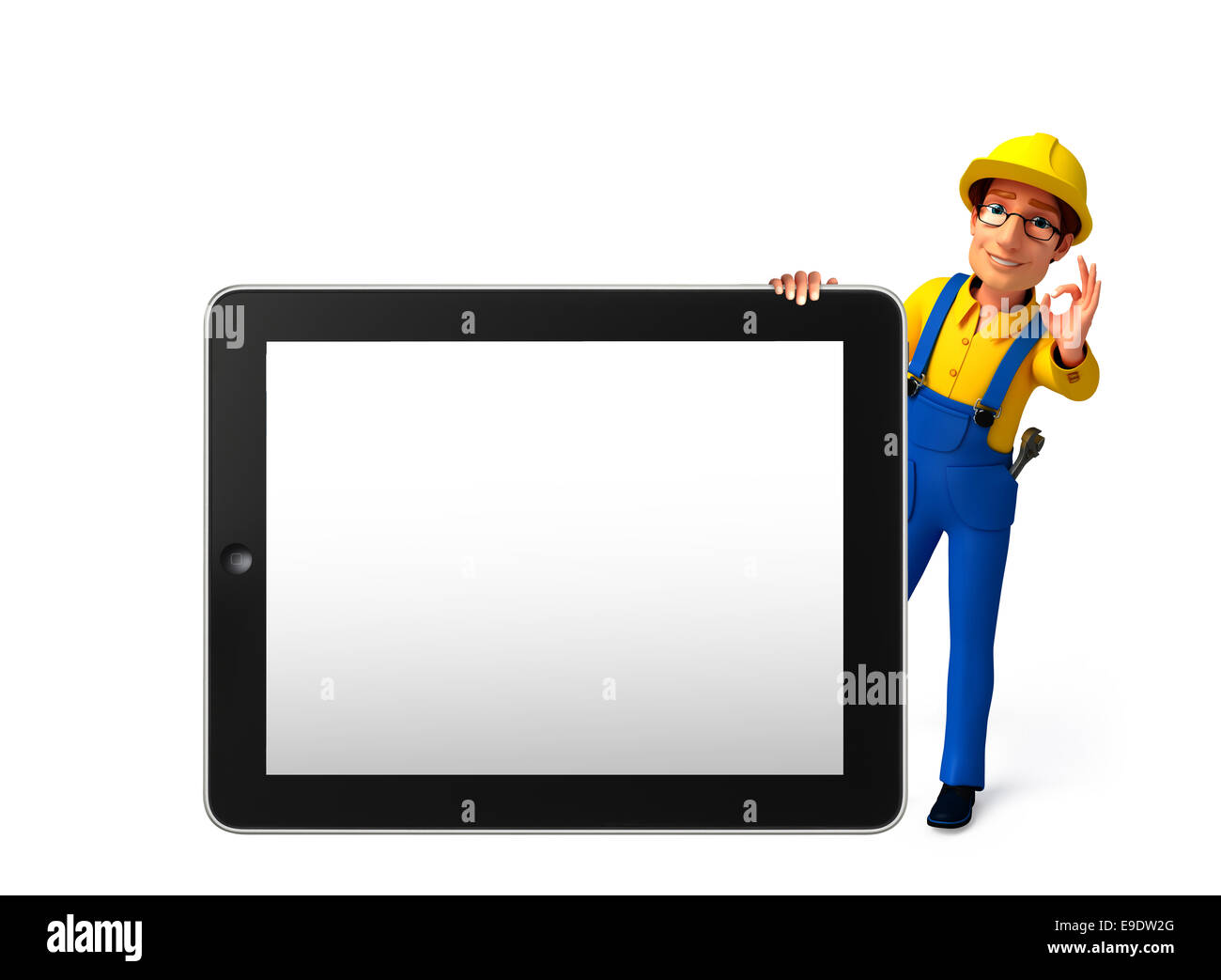 Illustration of young mechanic with tab Stock Photo - Alamy