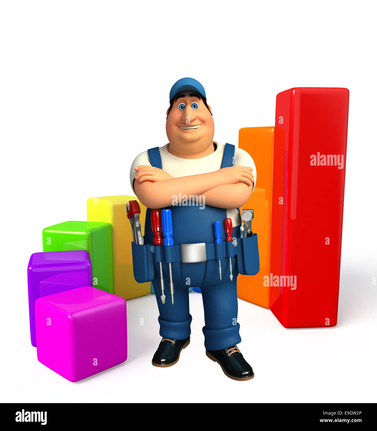 Illustration of young plumber with business graph Stock Photo - Alamy