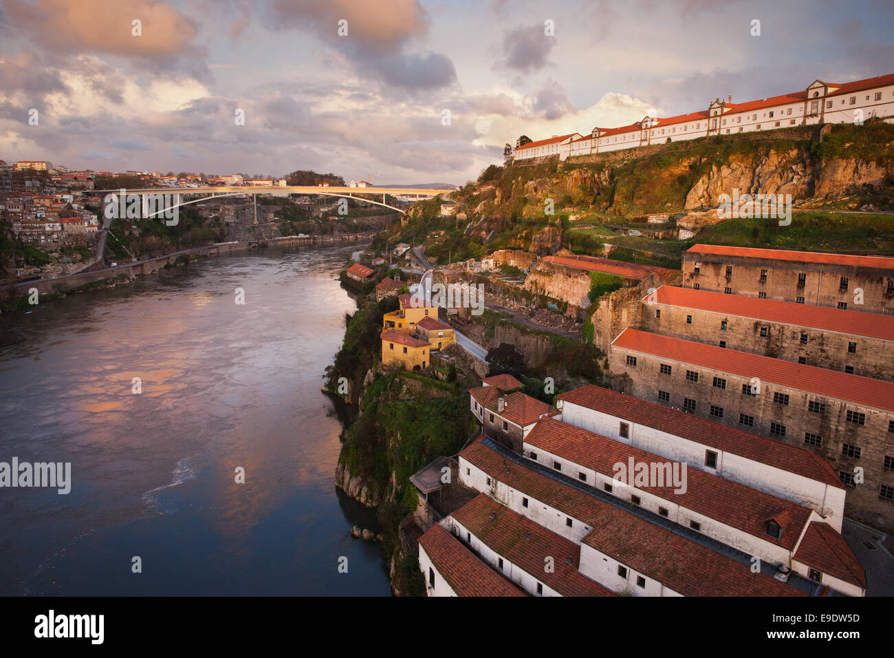 Picturesque city of Porto at sunset in Portugal. Wine cellars and ...