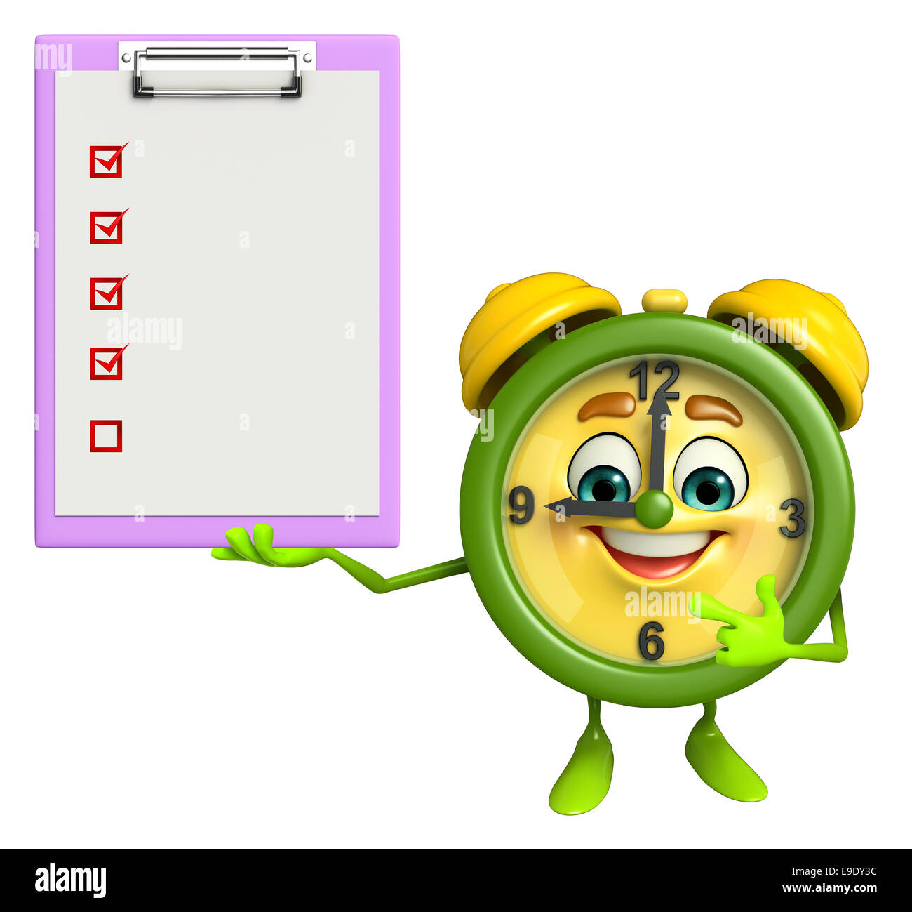 Cartoon Character of table clock with notepad Stock Photo - Alamy
