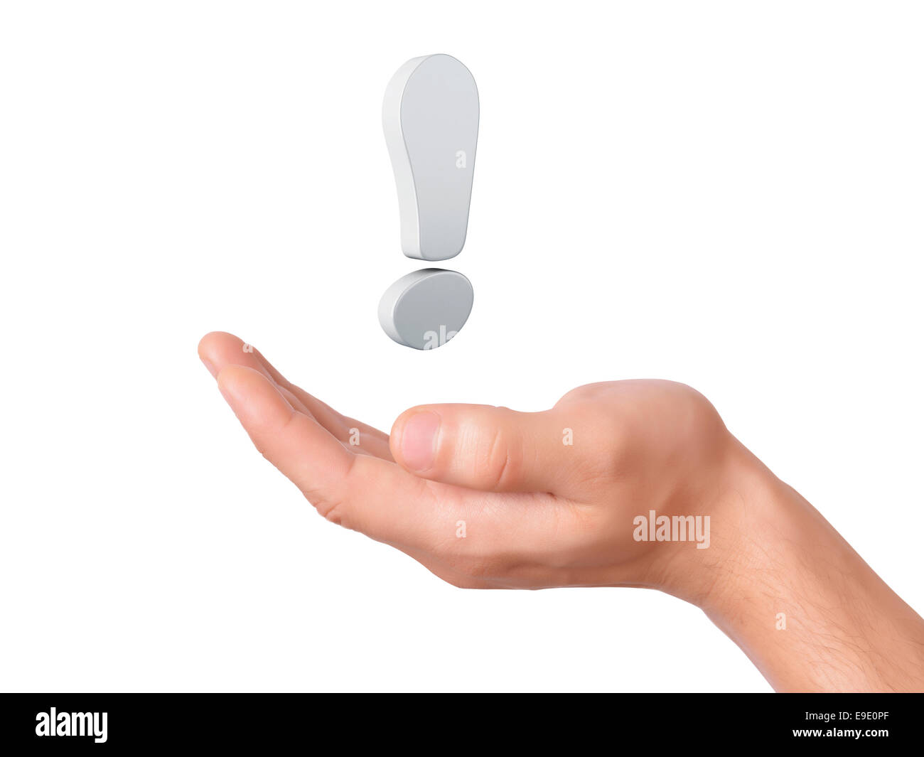 image of hand holding exclamation mark on white background Stock Photo ...