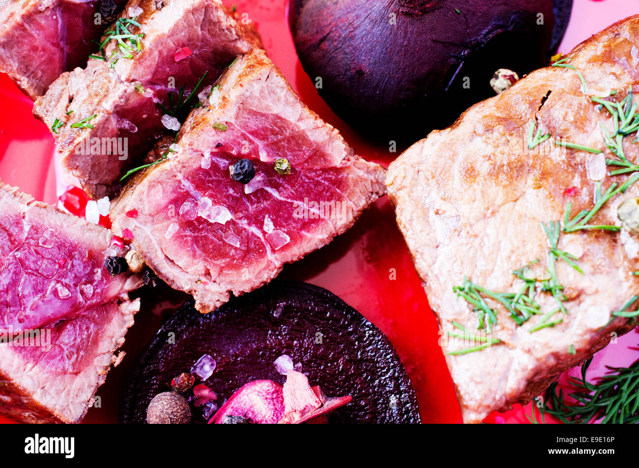 Delicious beef steaks with beetroot and apples gourmet rare Stock Photo ...