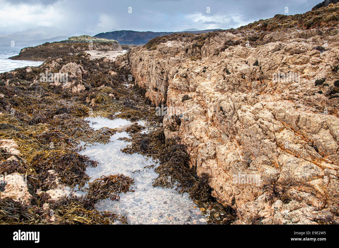 Rocks, rock pools and seaweed on Ord beach on the Isle of Skye ...