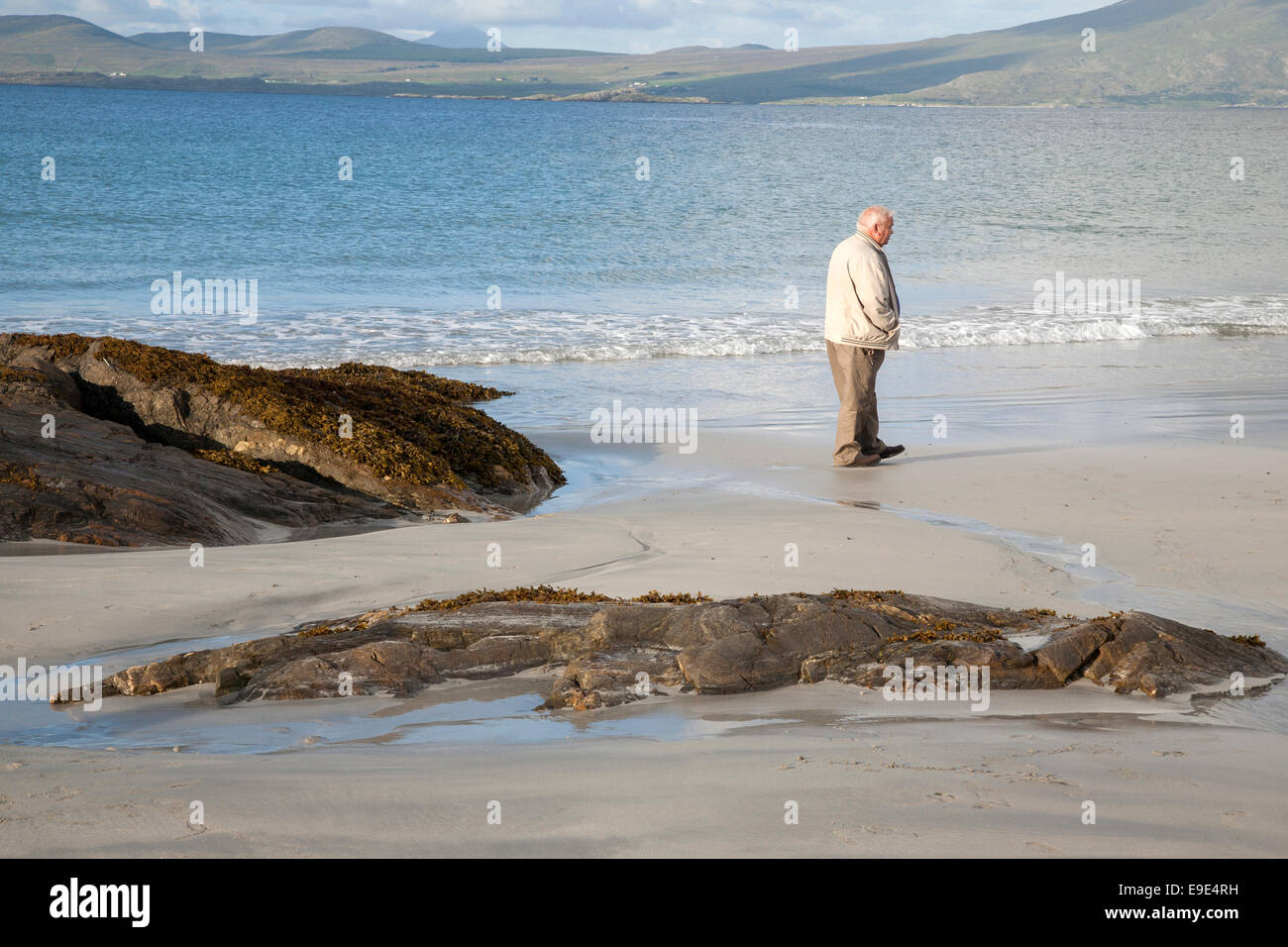Man walking on Tully Cross Beach, Connemara National Park; County ...