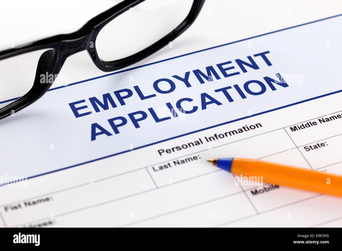 Employment Application form with glasses and ballpoint pen Stock Photo ...