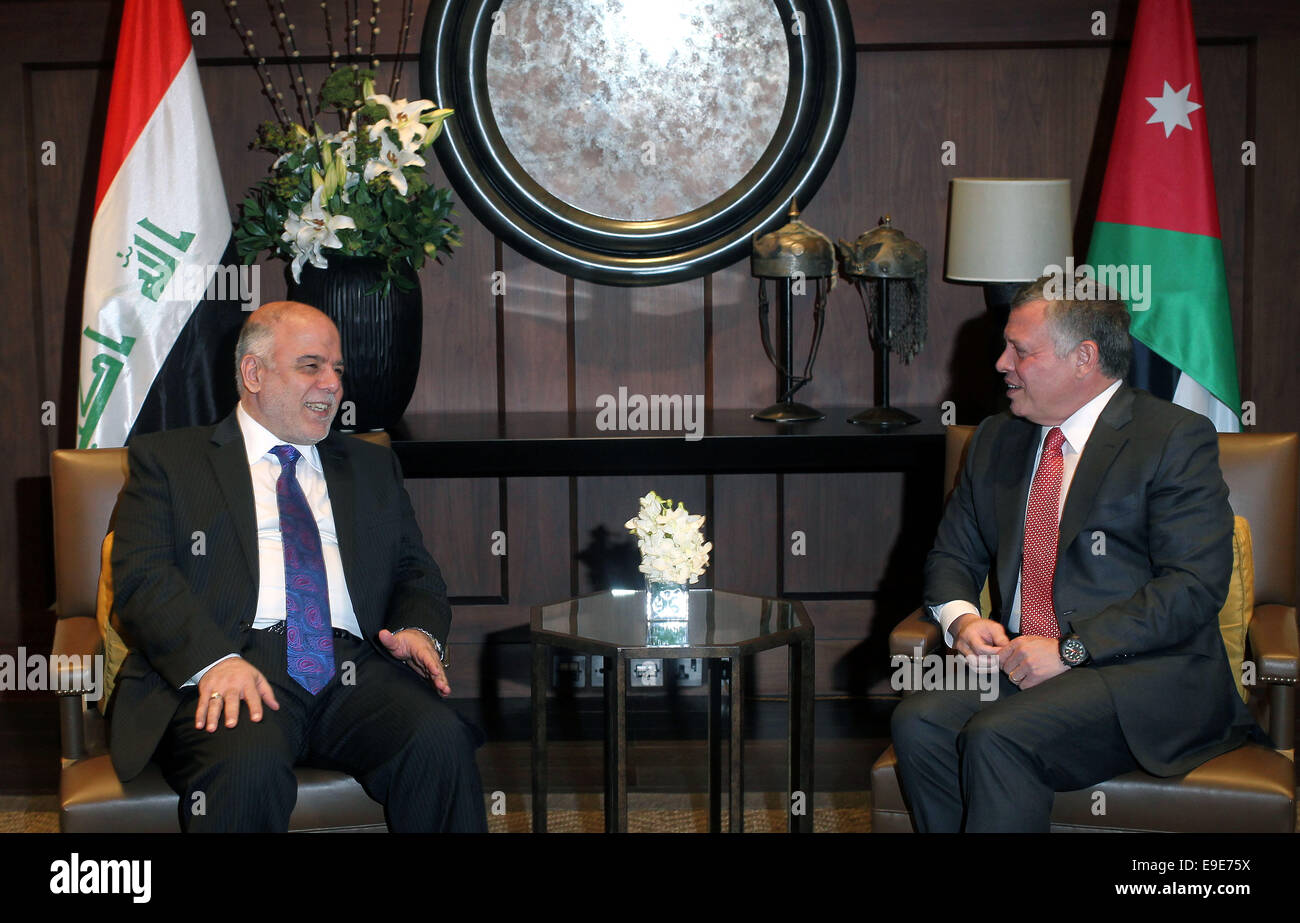 Amman. 26th Oct, 2014. Iraqi Prime Minister Haider al-Abadi (L) meets ...