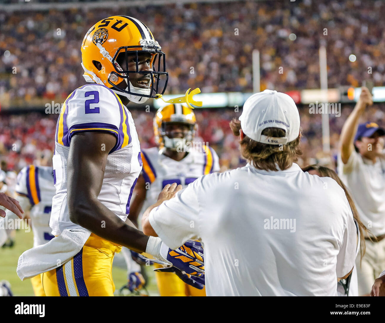 LSU Tigers wide receiver Avery Peterson (2) is swamped by fans rushing ...