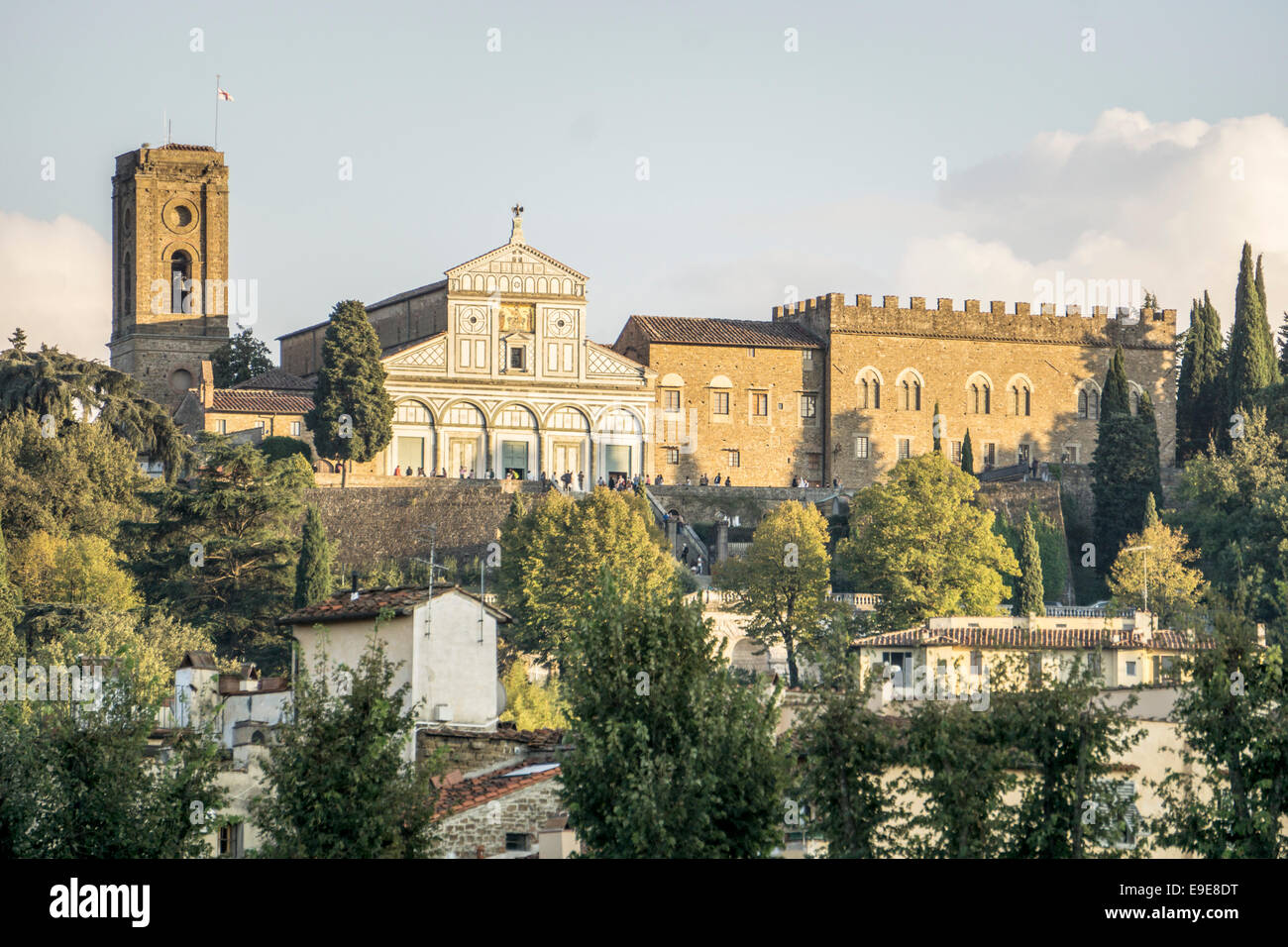 distant view of late sun on Romanesque Basilica of San Miniato al Monte ...