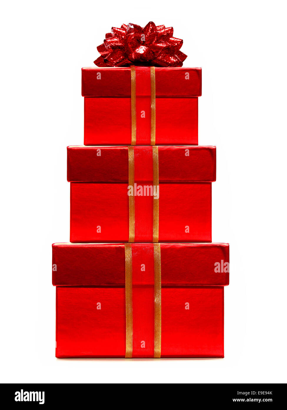 Stack of red gift boxes with ribbon and bow isolated on white Stock ...