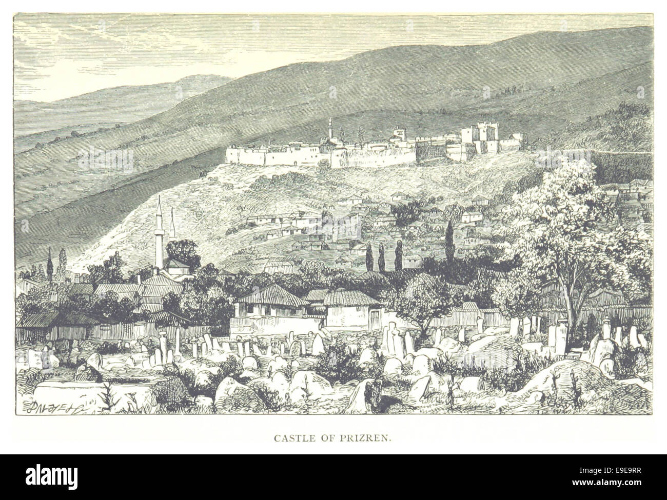 An 1877 sketch by Mackenzie illustrating the Castle of Prizren, located ...