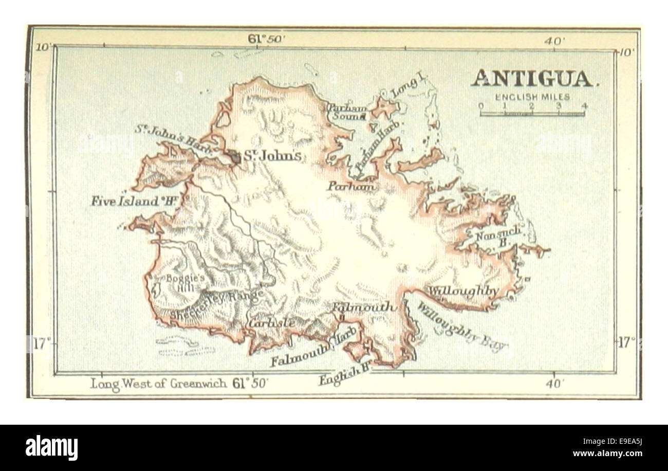 An 1888 map of Antigua, depicting the island's geography, settlements ...