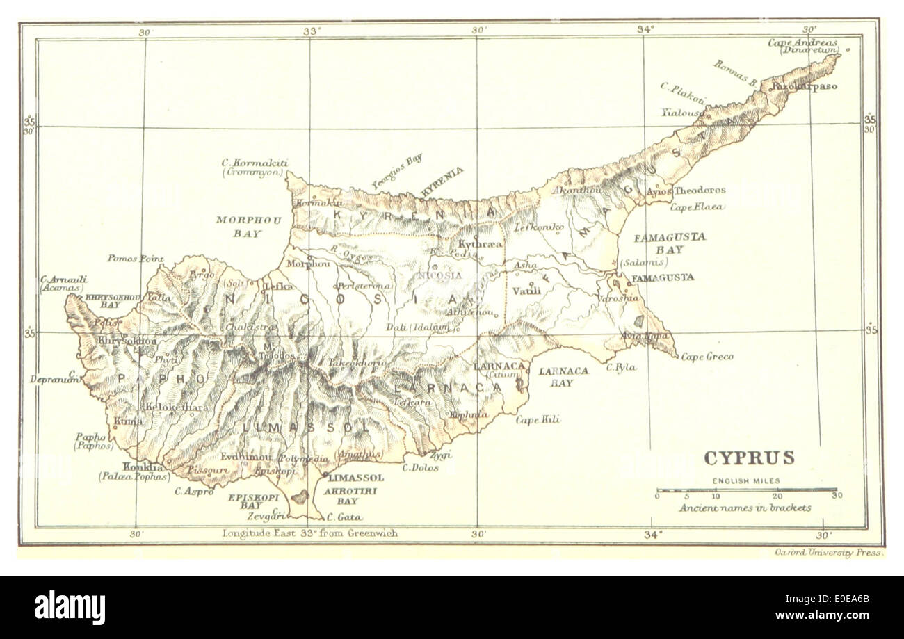 An 1888 map of Cyprus, showing the island's geography, major cities ...