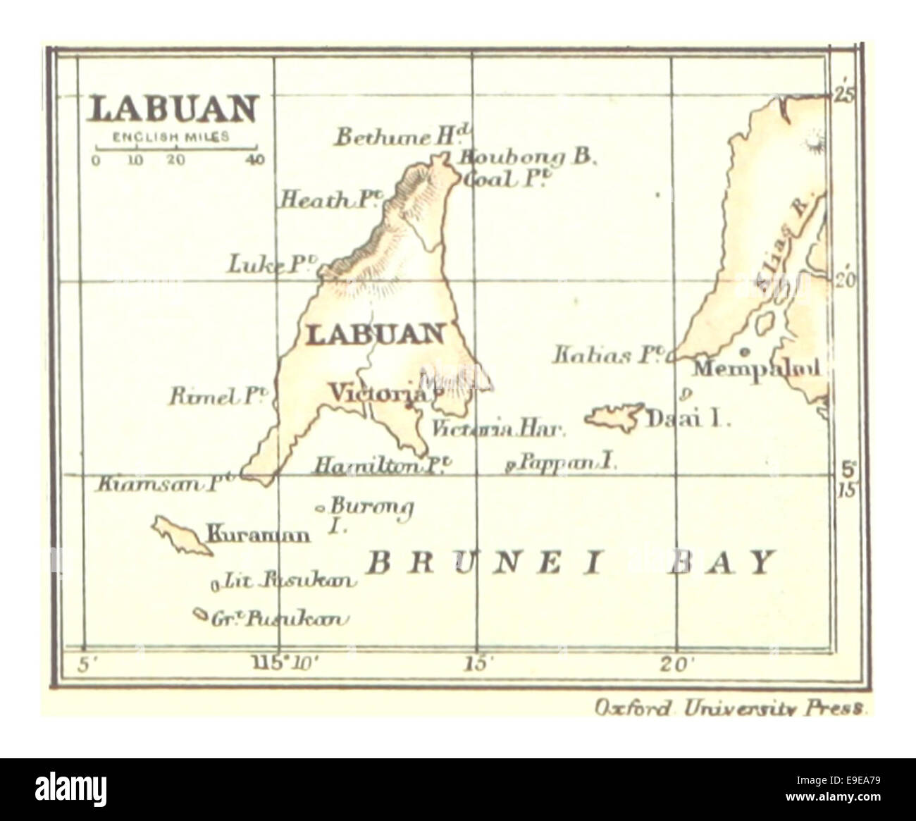 This 1888 map illustrates the island of Labuan, located off the coast ...