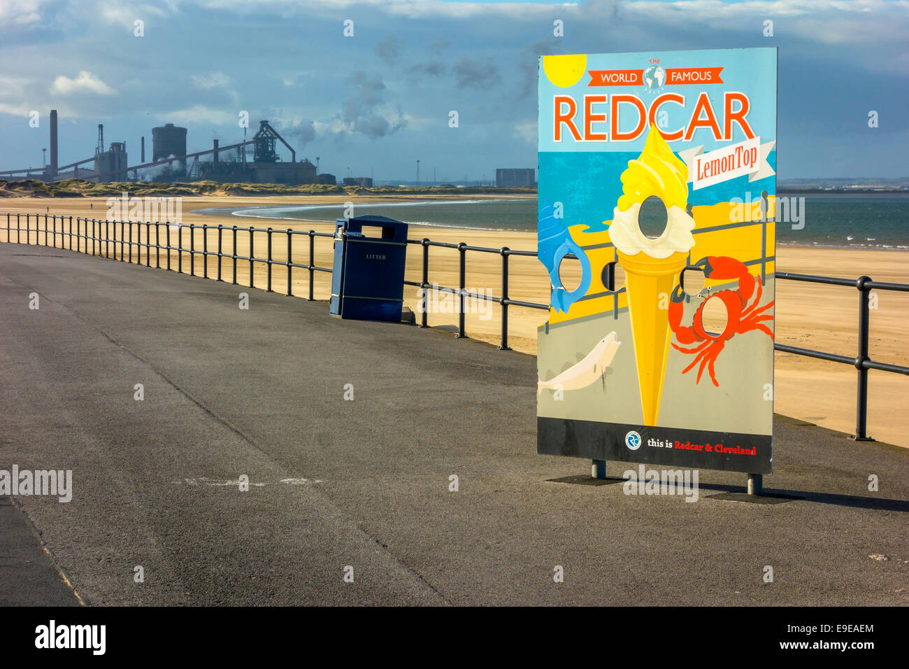 Coatham Beach Redcar CLeveland North Yorkshire with display of resort ...