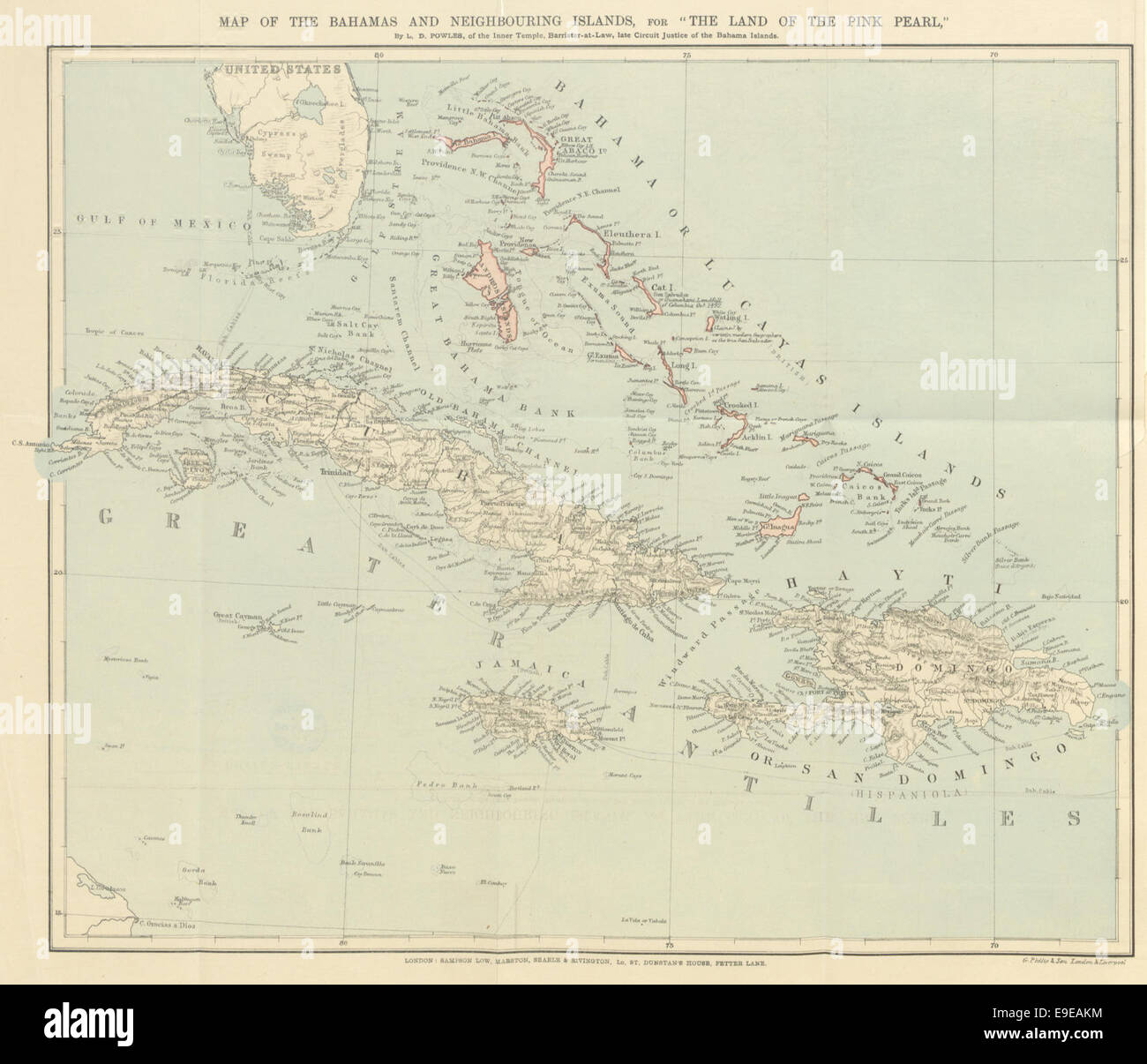 A map showing the Bahamas and its neighboring islands, illustrating the ...