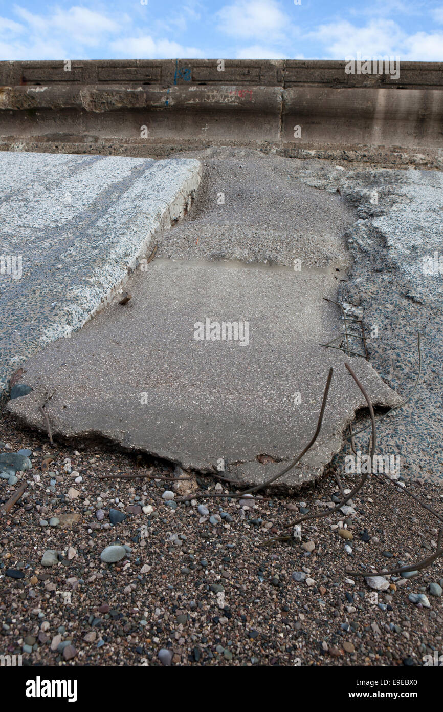 Tidal erosion on the Coastal Defence Wall on Rossall Promenade Thornton ...