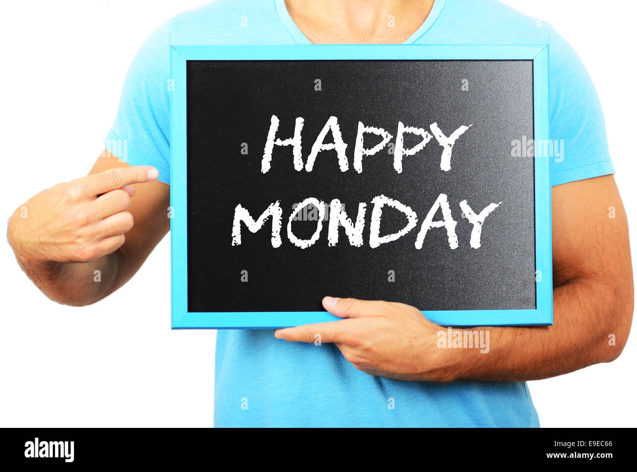 Man holding blackboard in hands and pointing the word HAPPY MONDAY ...