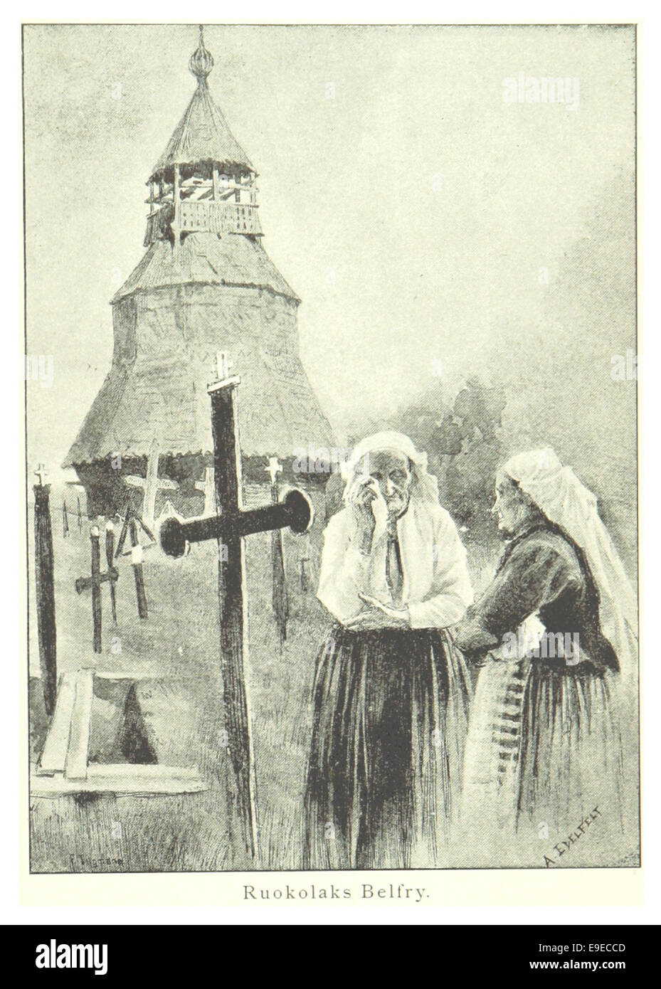 This 1894 illustration by Mechelin showcases the Ruokolaks Belfry, a ...