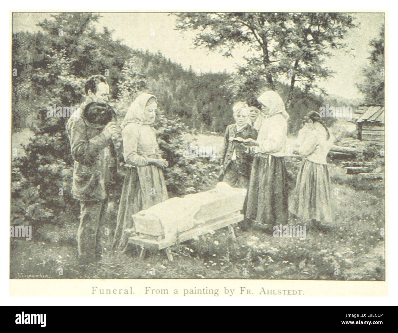 This 1894 illustration by Mechelin depicts a funeral scene, reflecting ...