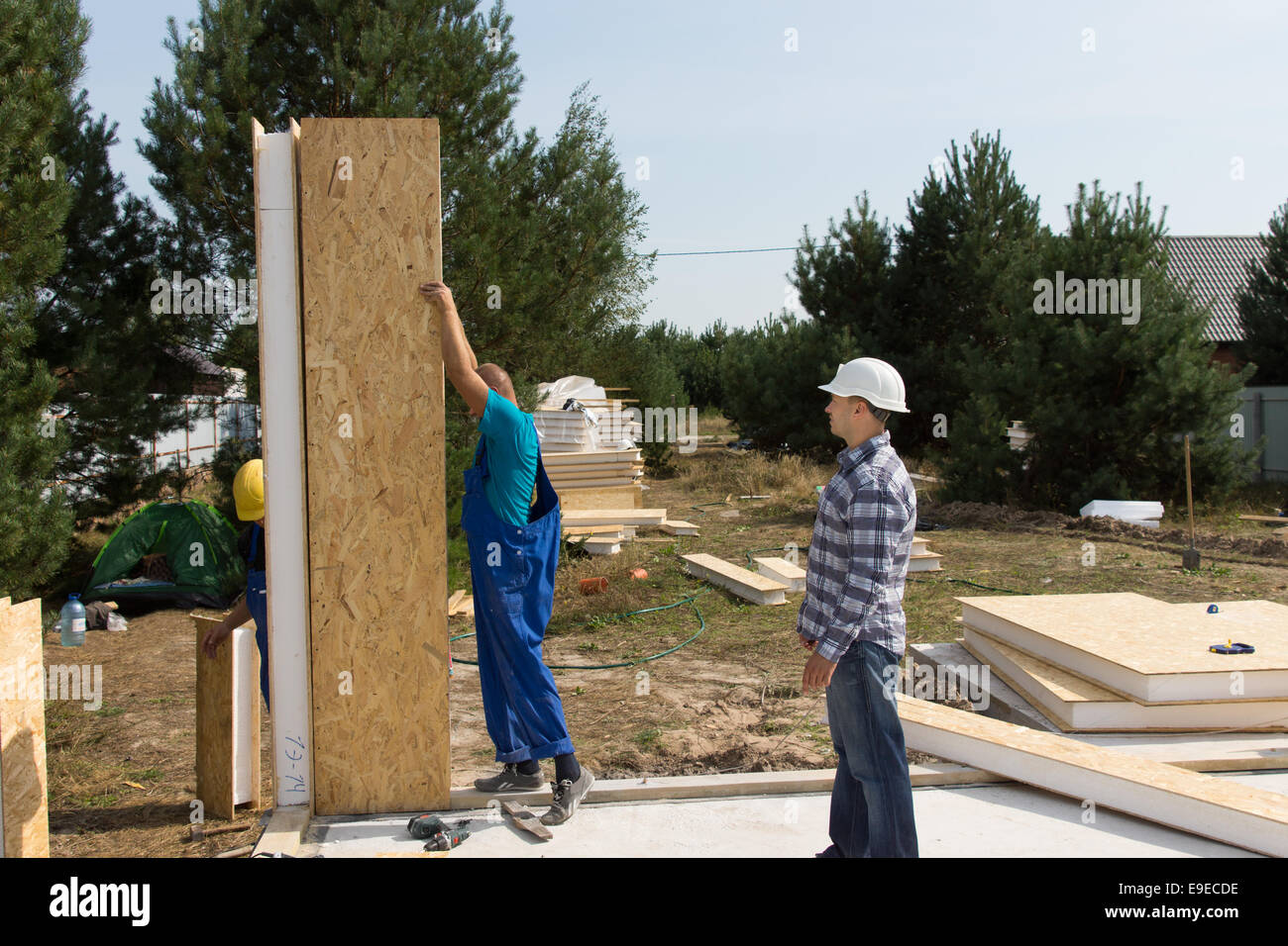 Group of builders erecting insulated wooden wall panels on the newly ...