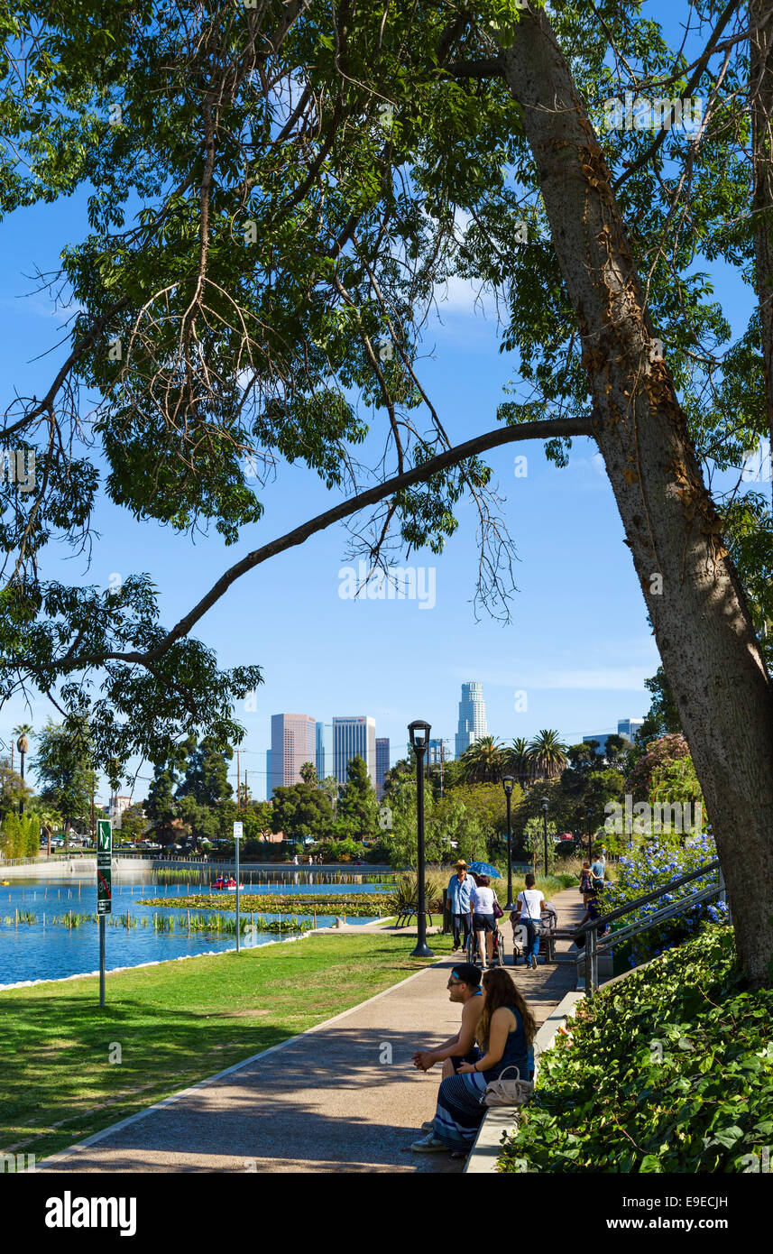 Echo Park with the downtown city skyline in the distance, Los Angeles ...