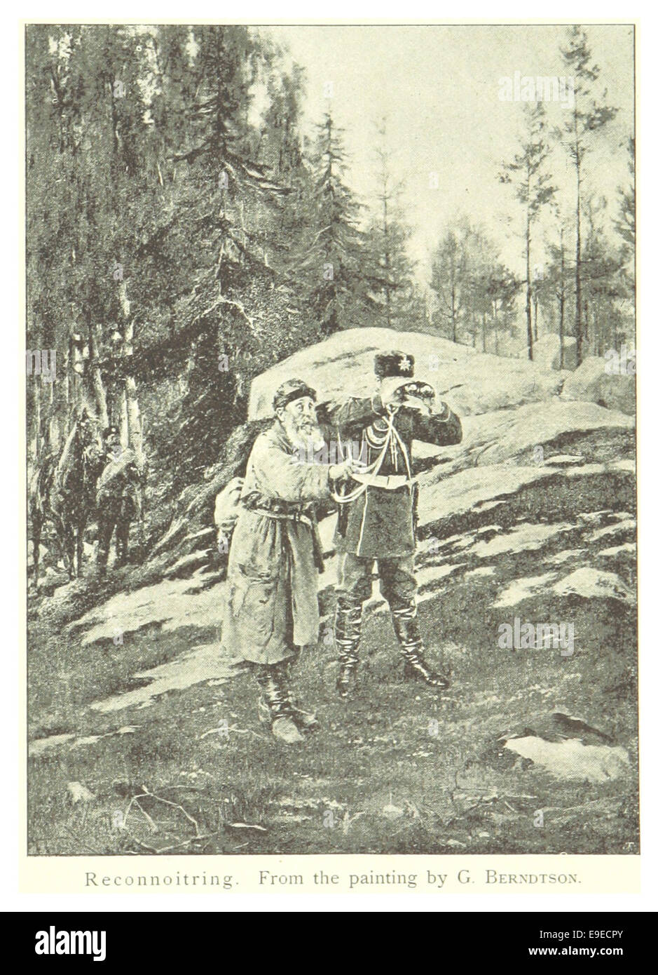 A 1894 illustration by Mechelin depicting a reconnoitering scene ...