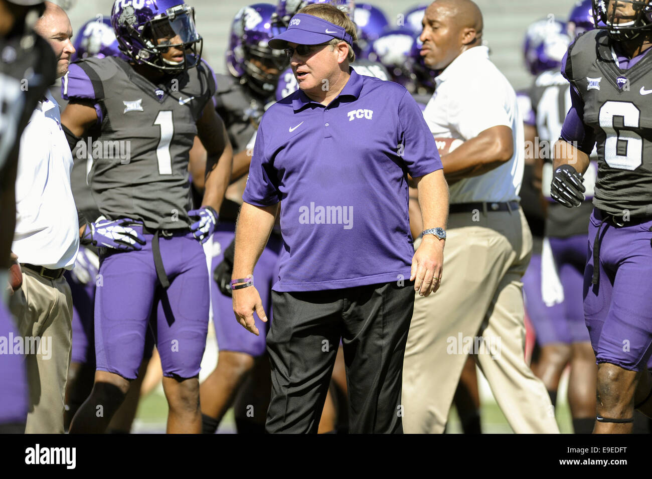 TCU Horned Frogs head coach Gary Patterson works with his players ...