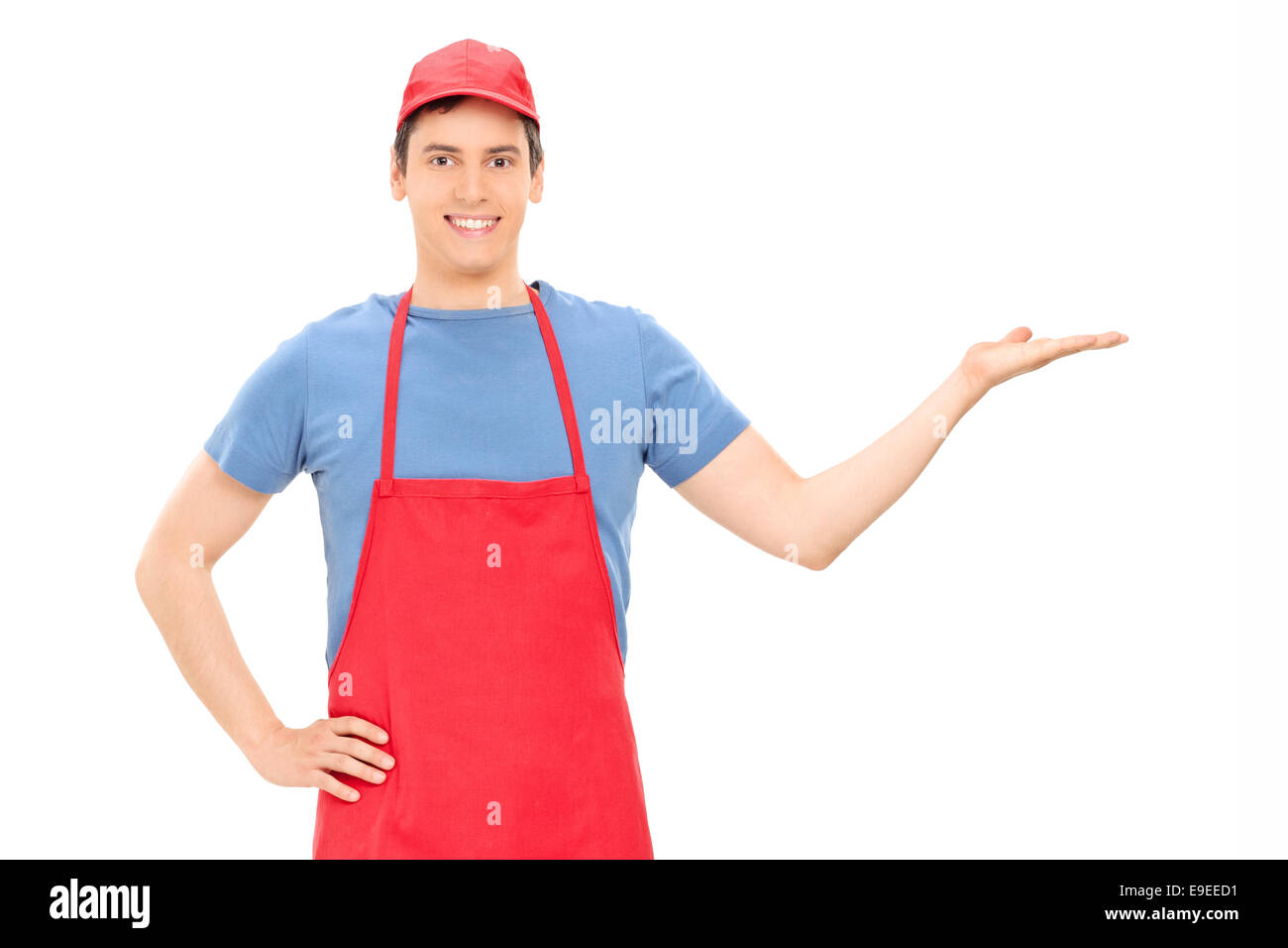 Male vendor gesturing with his hand isolated on white background Stock ...