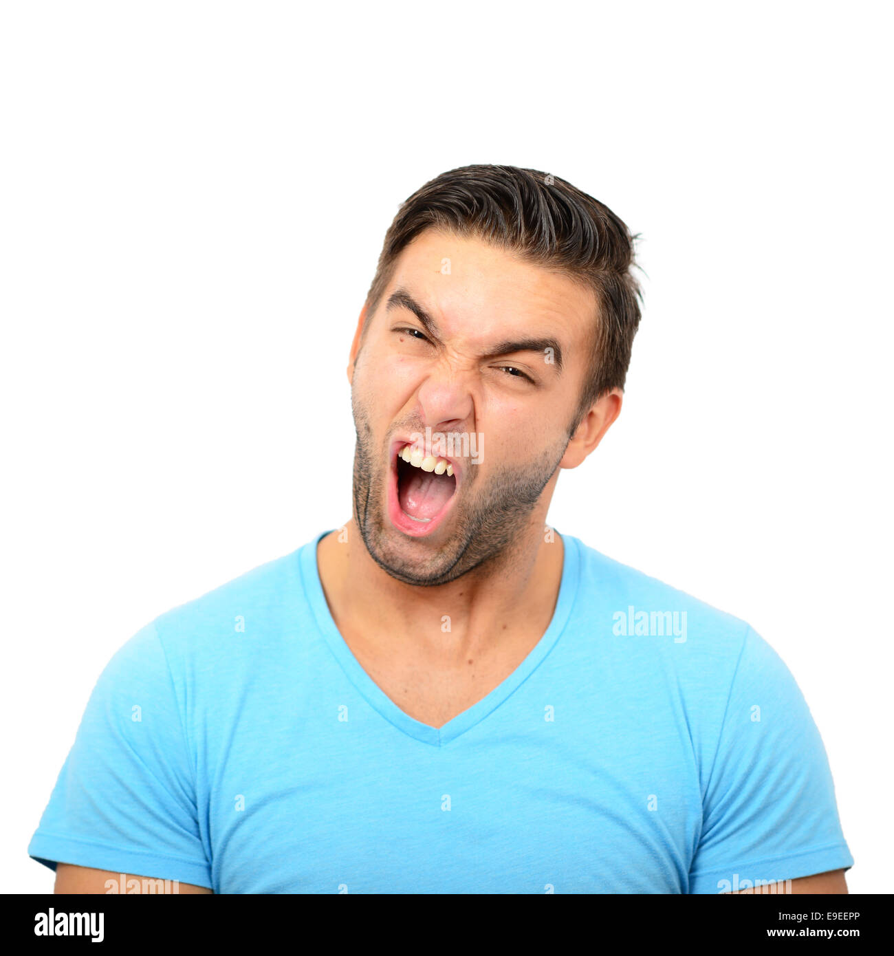 Portrait of angry man screaming against white background Stock Photo ...