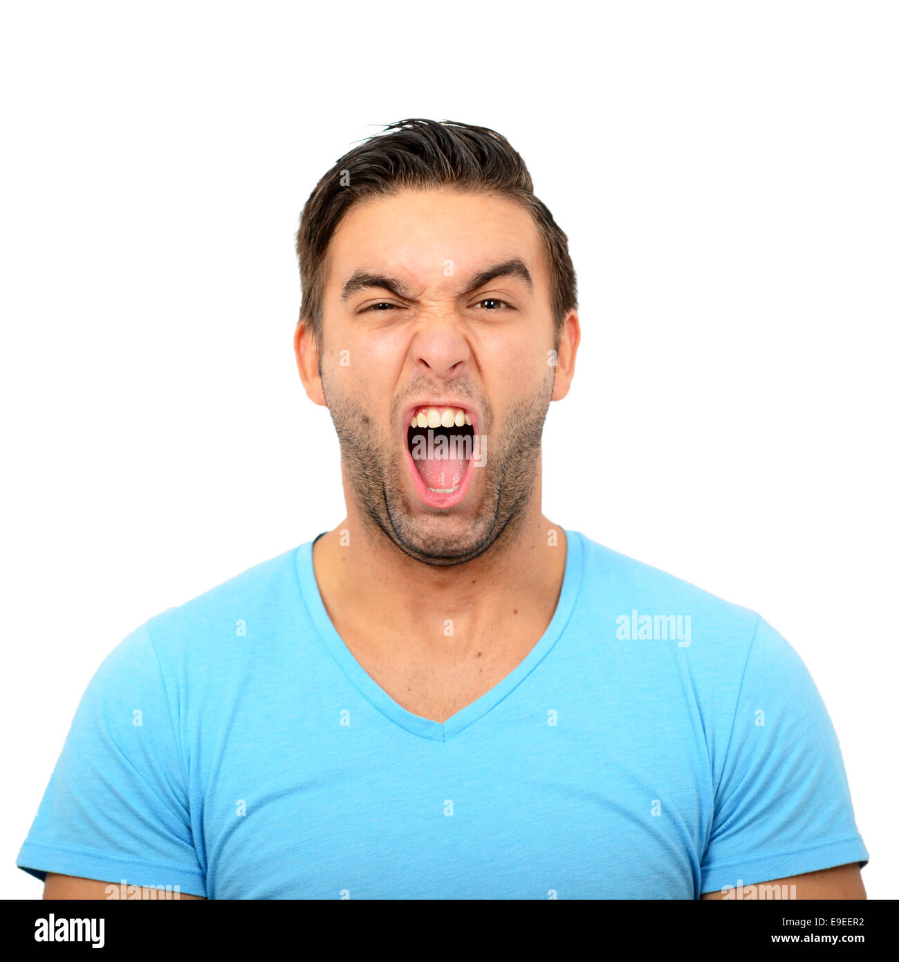 Portrait of angry man screaming against white background Stock Photo ...