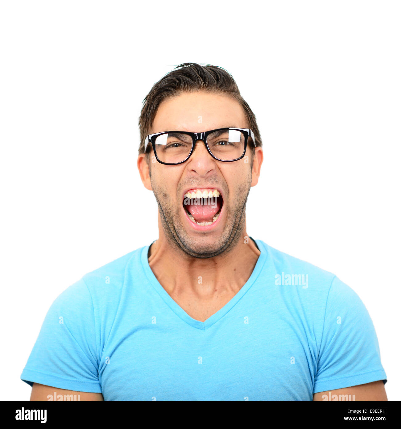 Portrait of angry man screaming against white background Stock Photo ...