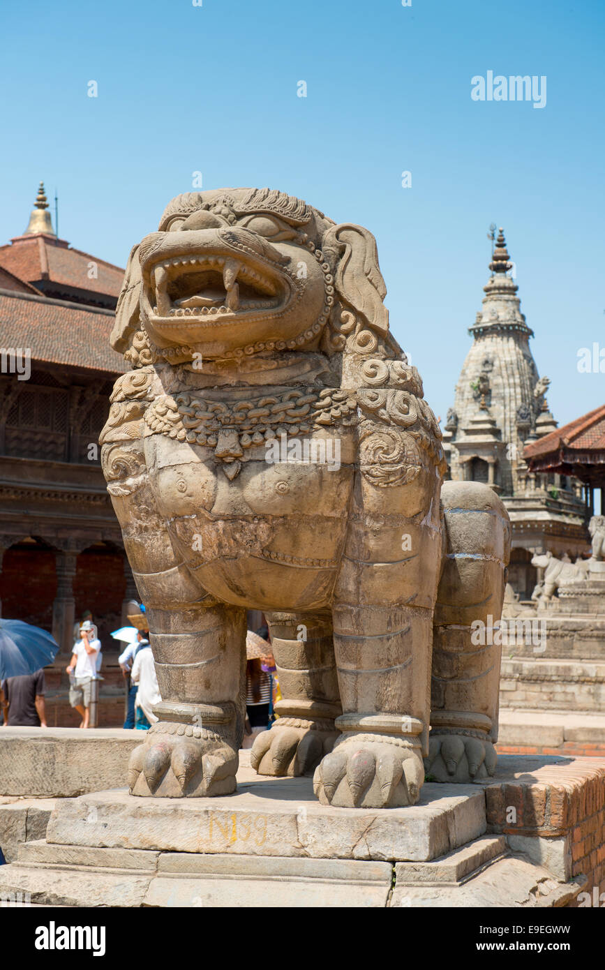 Stone lions gate on a Durbar square of Bhaktapur on May 09, 2014 ...