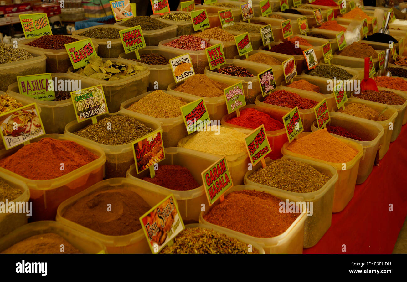 A display of tempting sweet and sharp spices, herbs and flavourings ...