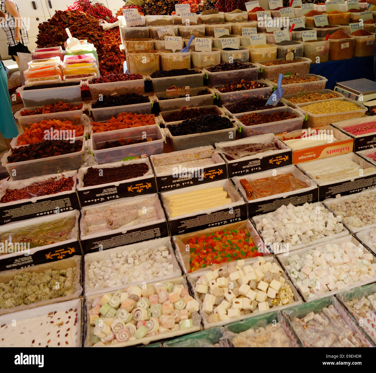colourful display of sweets at the market in Didim, Turkey Stock Photo ...