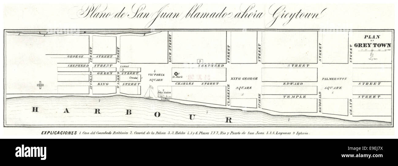 A historical map of San Juan, now known as Greytown, showcasing its ...