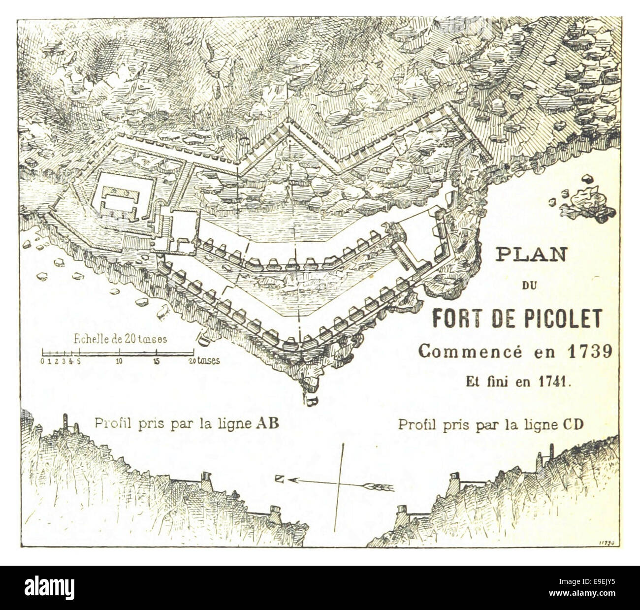 This 1739 map illustrates the plan of the Fort de Picolet, a historical ...