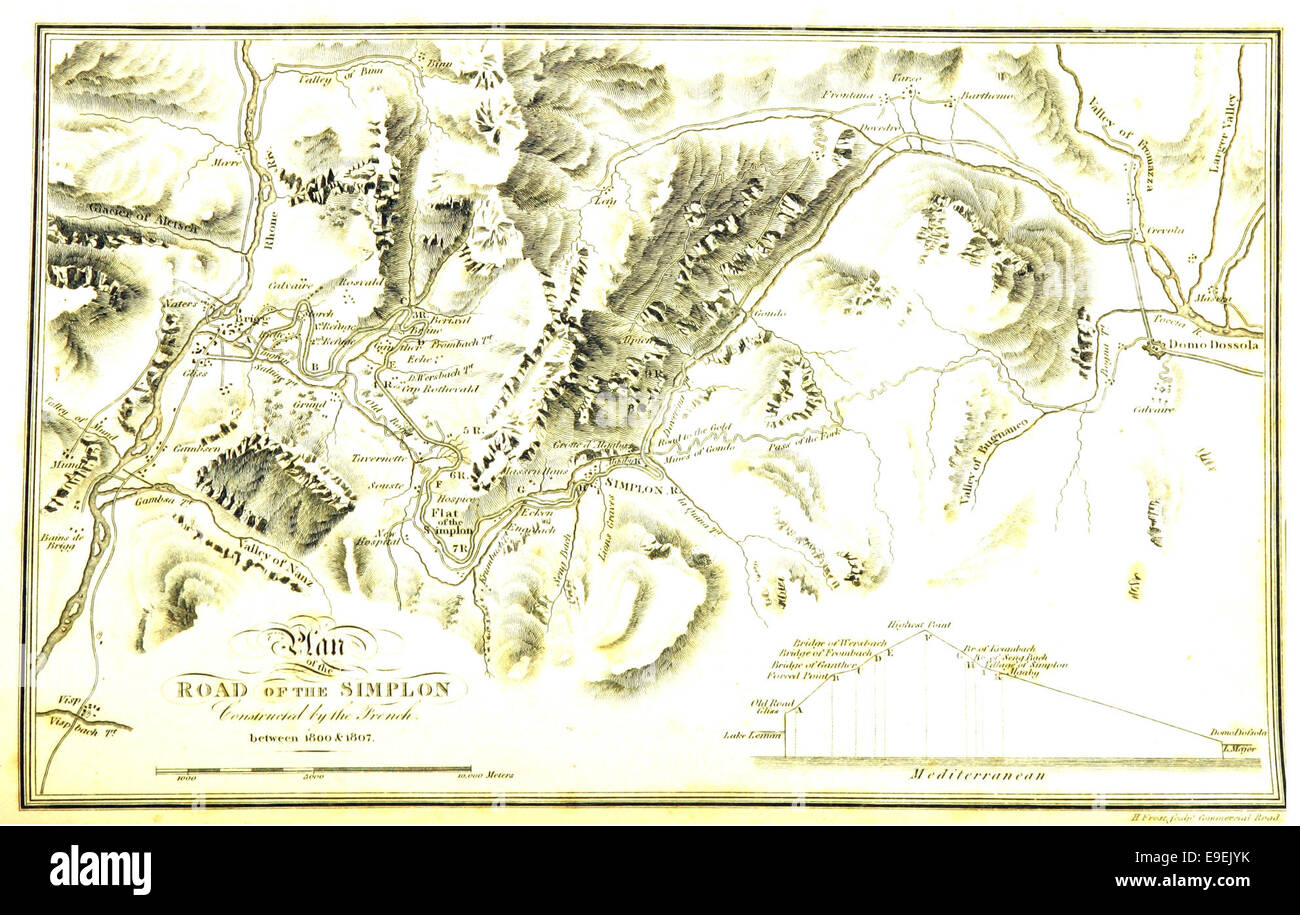 A historical map illustrating the Road of the Simplon, a key route ...
