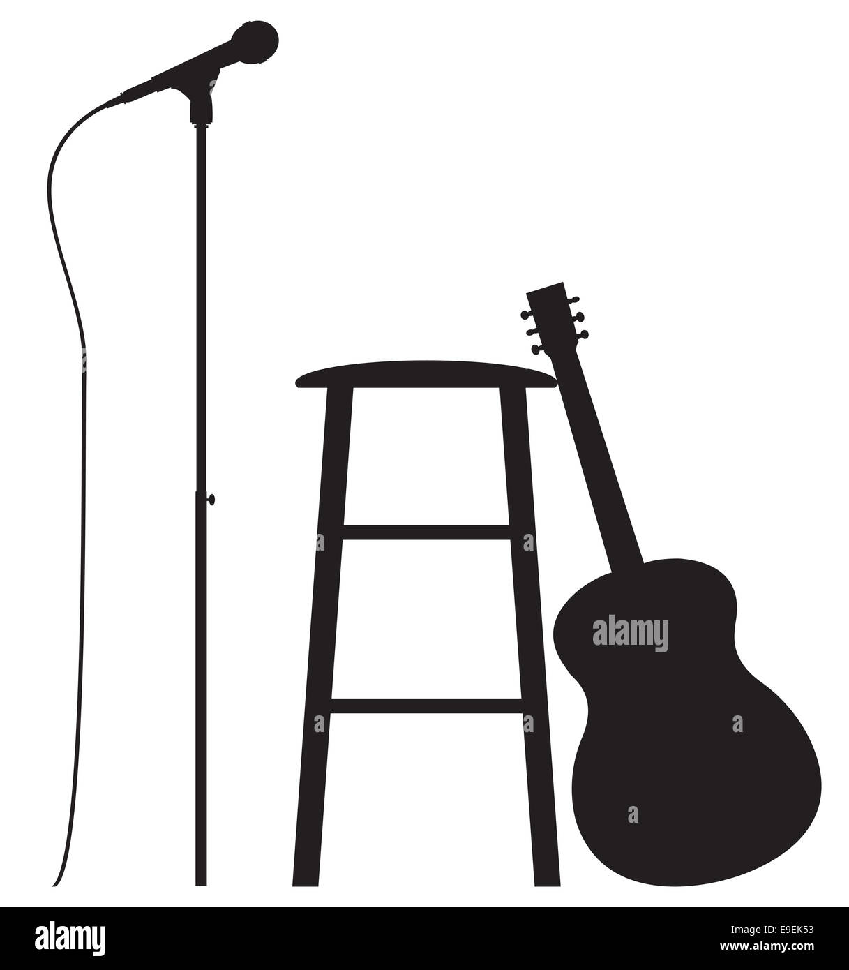 A Guitar, Stool and Microphone silhouette isolated on a white ...