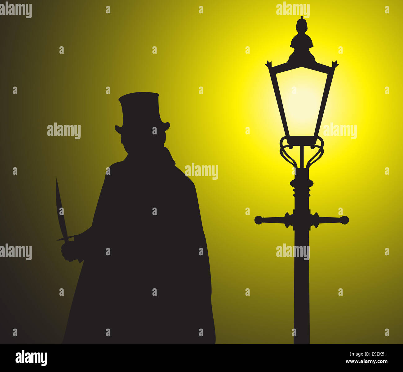 A silhouette of jack the ripper with a knife in the light of a street ...