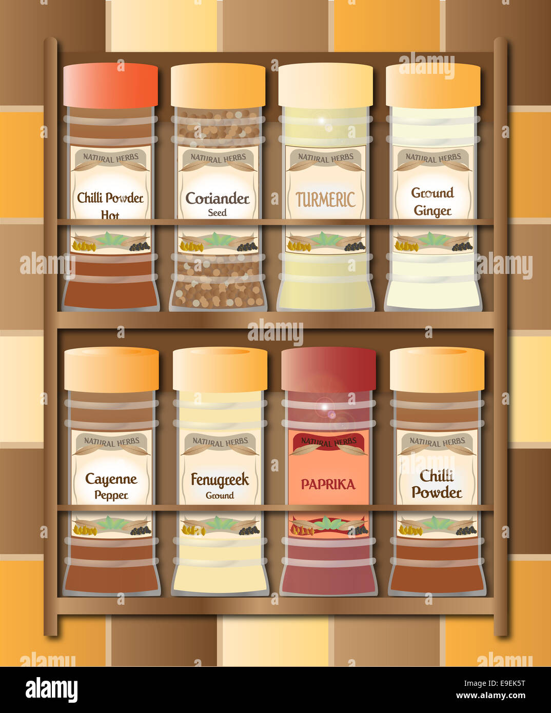 A small spice rack with hot spices on a kitchen tile background Stock ...