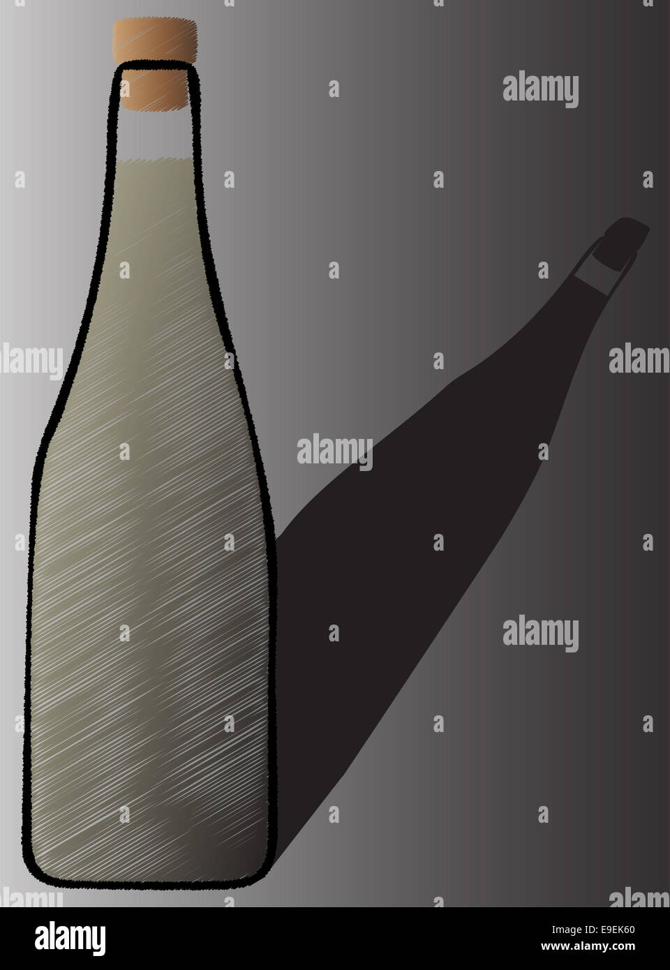 A champagne bottle sketch design with a shadow on a dimly lit ...