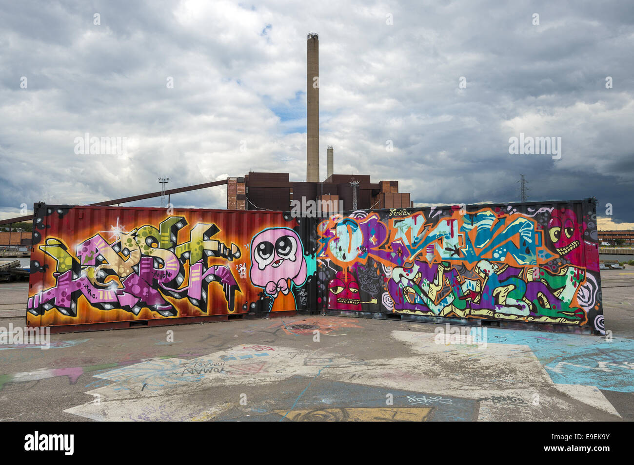 Graffitied ship container in front of Hanasaari B power plant a coal ...