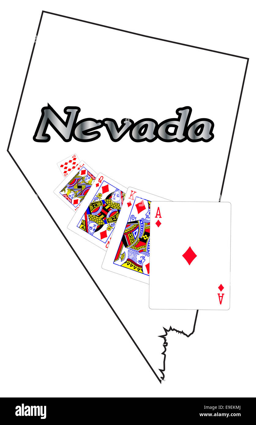A Nevada state outline with a royal flush isolated on a white ...