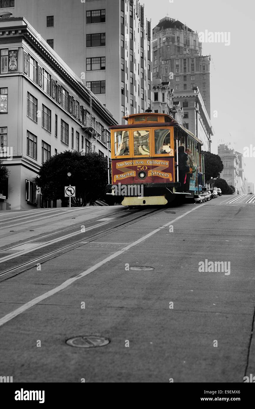 A San Francisco cable car on the black and white back ground Stock ...
