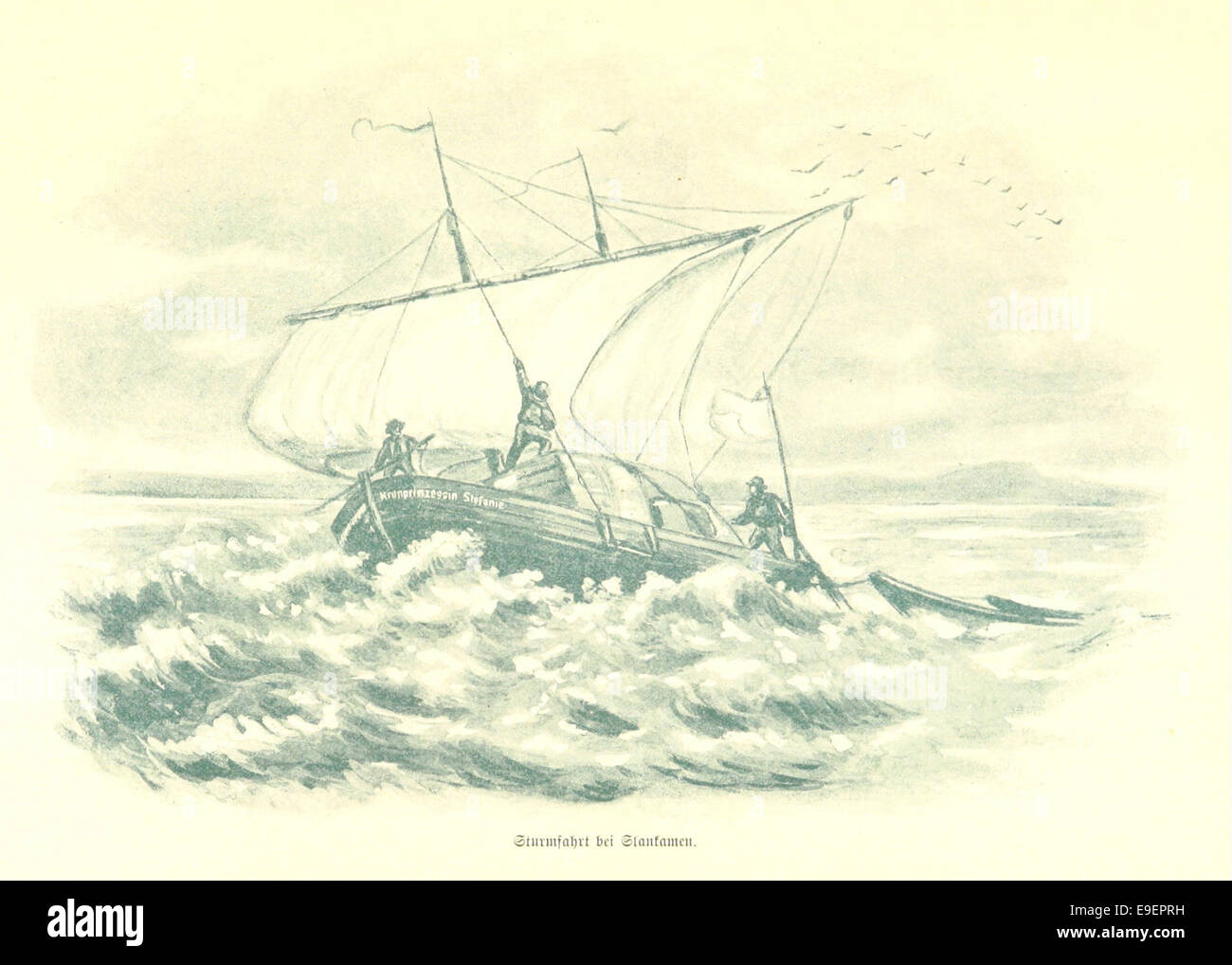 This vintage illustration depicts a stormy sea voyage near Slankamen, a ...