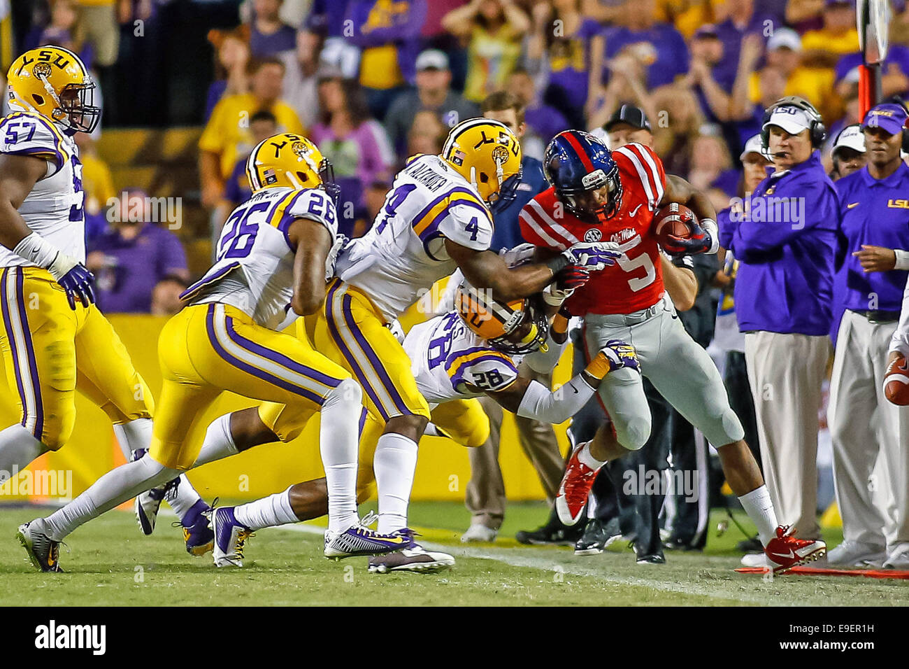 Mississippi Rebels running back I'Tavius Mathers (5) is tackled by LSU ...