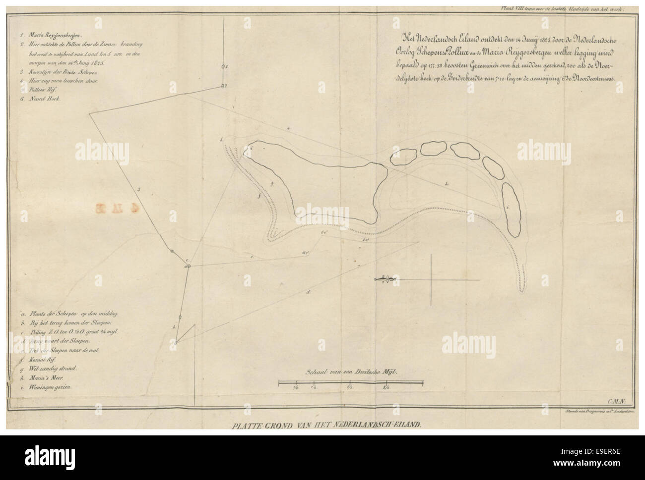 An 1829 map illustration by Troost depicting the layout of Dutch Island ...