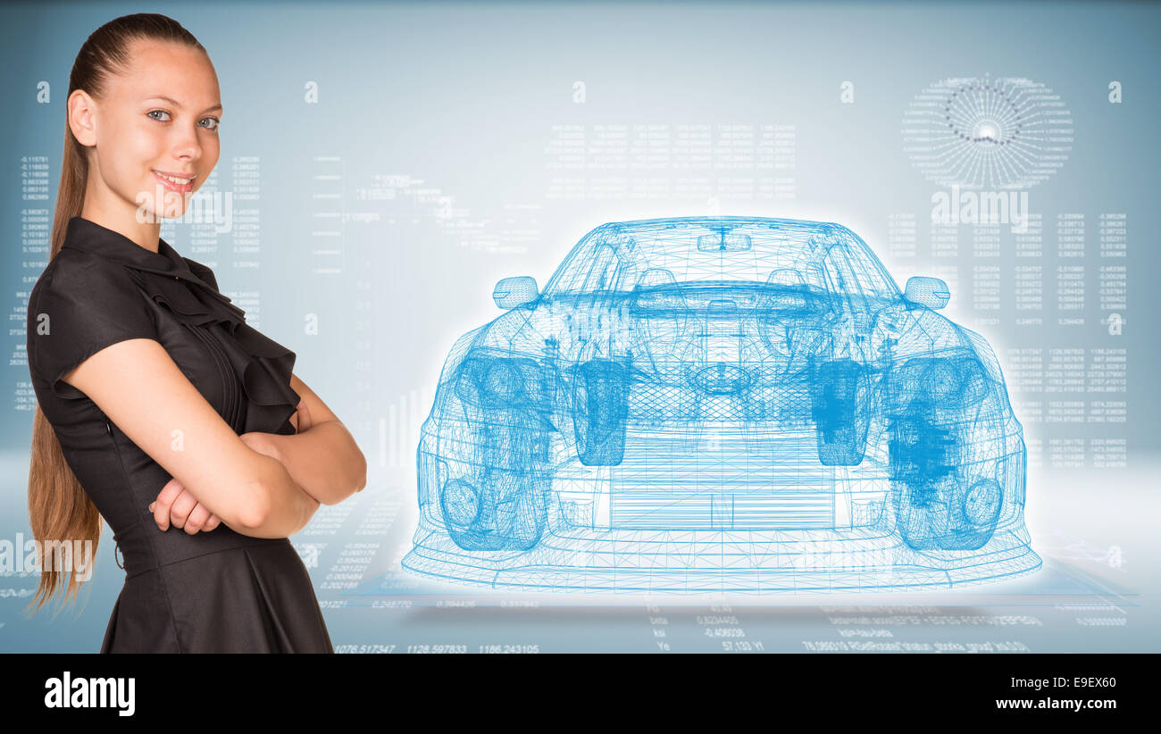 Businesswoman and glow wire-frame car Stock Photo - Alamy